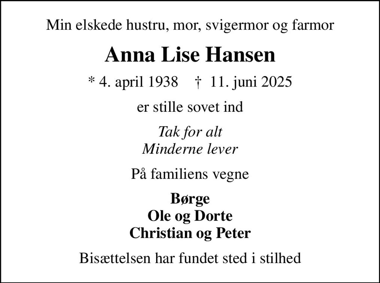Anna Lise Hansen | Danmarks største medie for mindesider og dødsannoncer