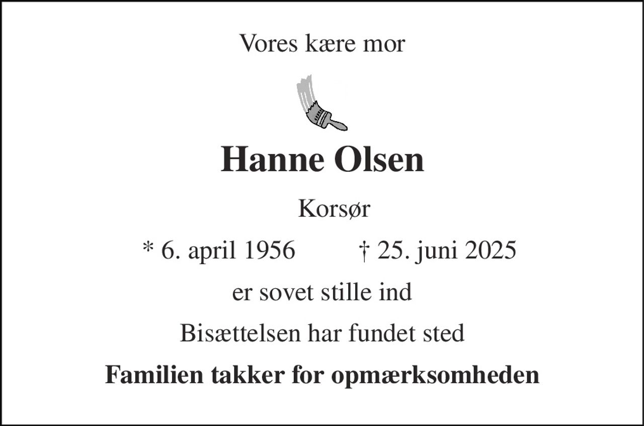 Hanne Olsen | Danmarks største medie for mindesider og dødsannoncer