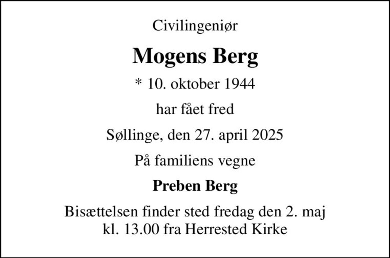 Mogens Berg | Danmarks største medie for mindesider og dødsannoncer