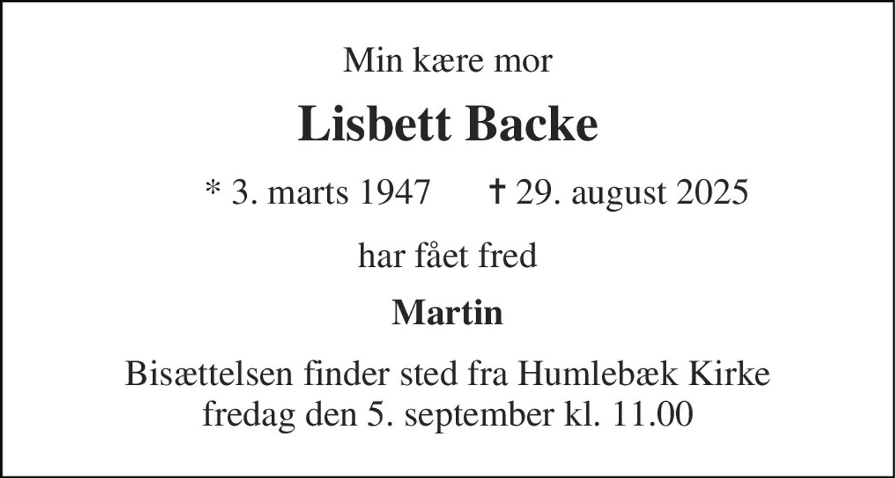 Lisbett Backe | Danmarks største medie for mindesider og dødsannoncer