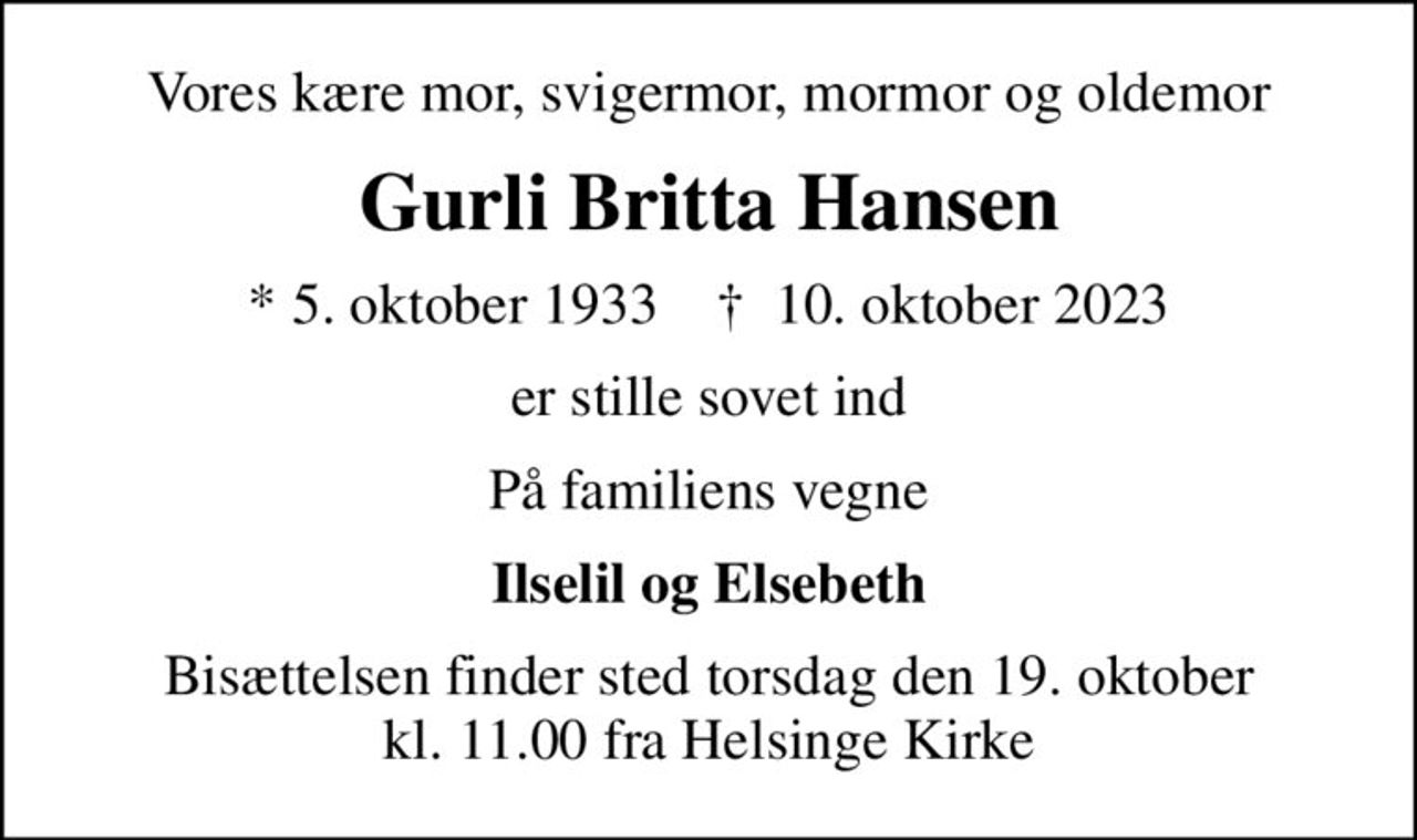 Gurli Britta Hansen | Danmarks største medie for mindesider og dødsannoncer