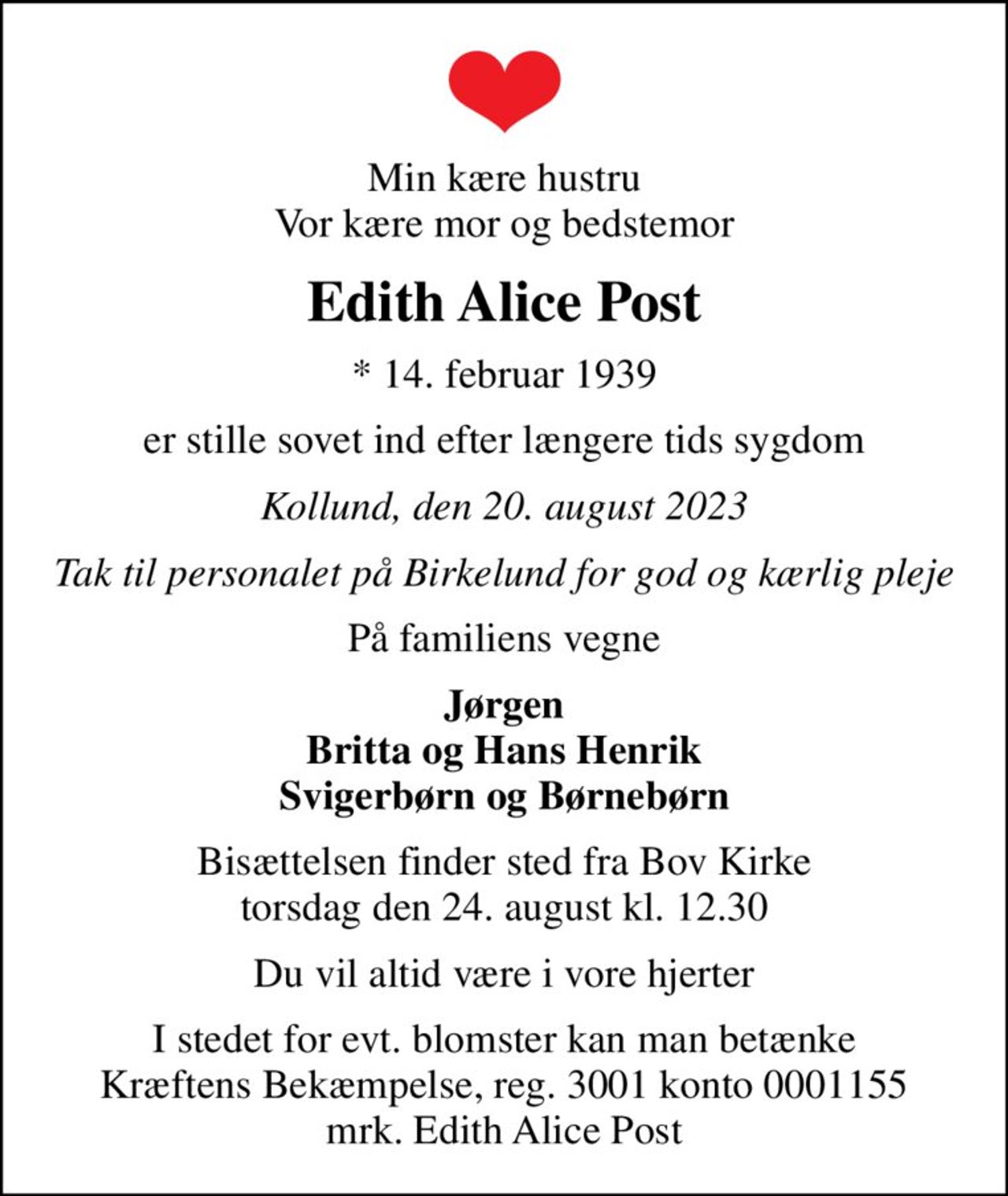 Edith Alice Post | Danmarks største medie for mindesider og dødsannoncer