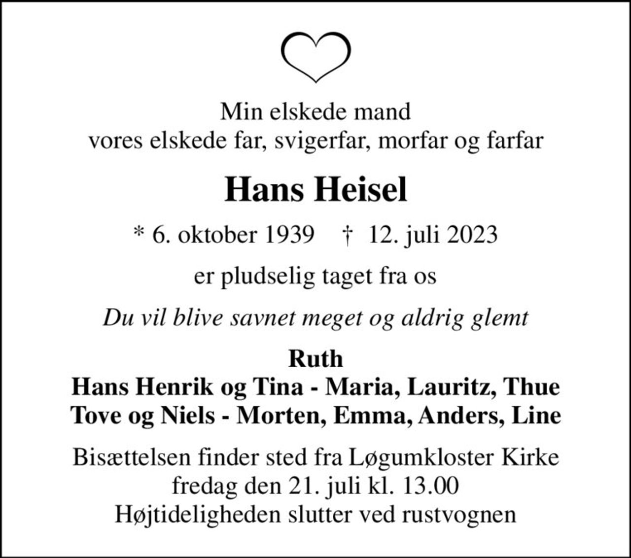 Hans Heisel | Dødsannoncer i Danmark