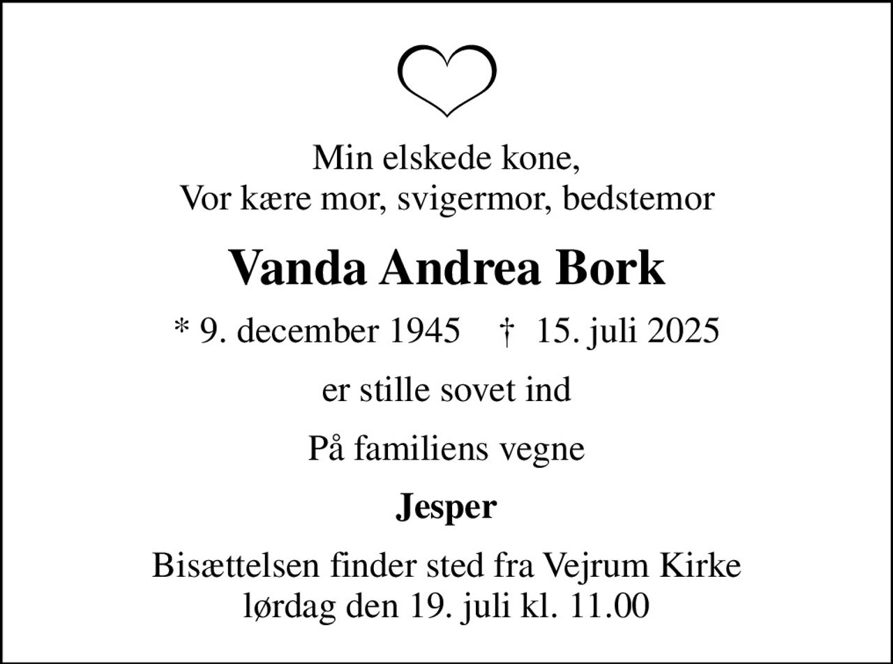 Vanda Andrea Bork | Danmarks største medie for mindesider og dødsannoncer