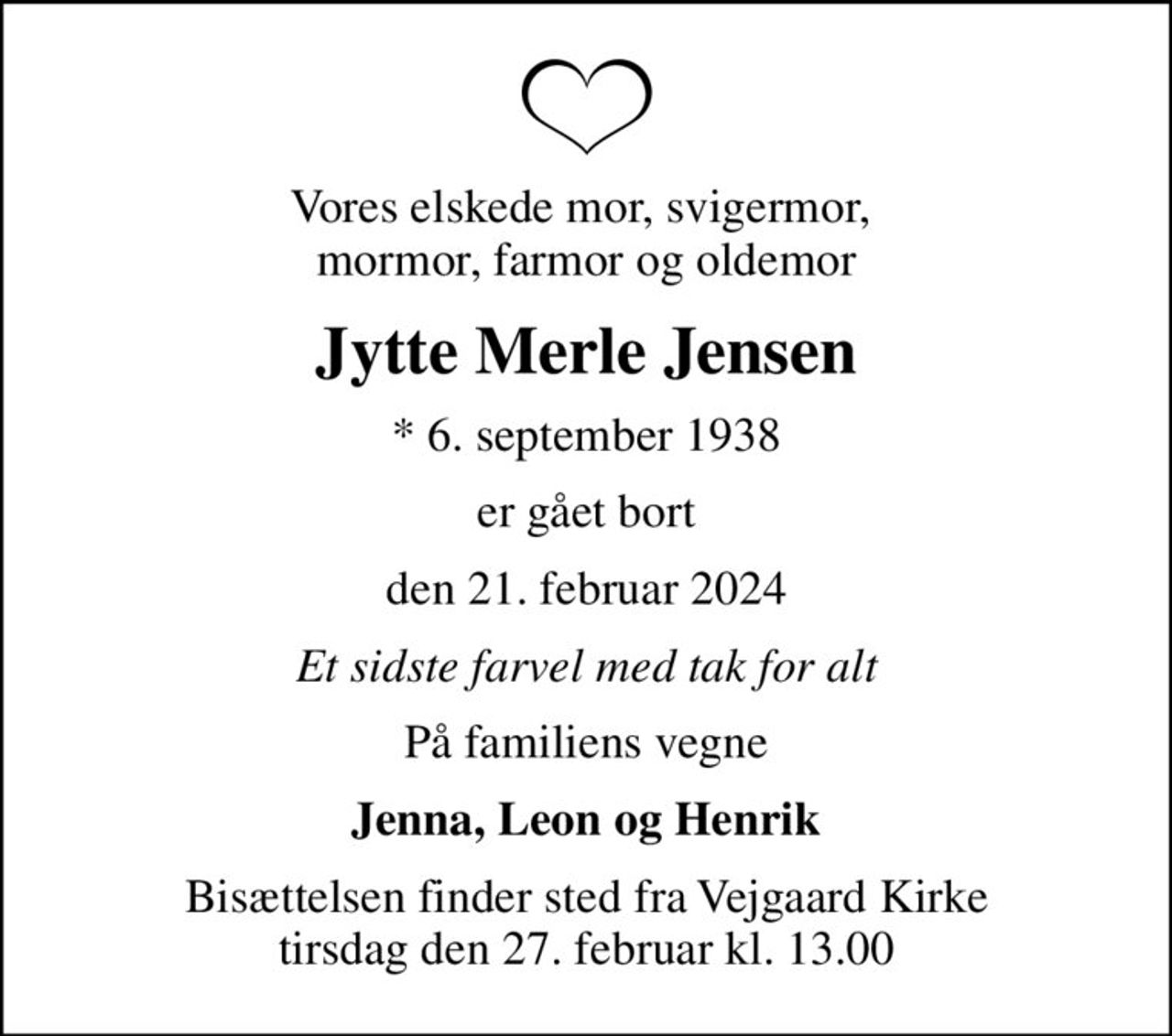 Jytte Merle Jensen | Danmarks største medie for mindesider og dødsannoncer
