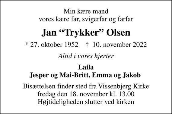 Jan Olsen | Dødsannoncer i Danmark