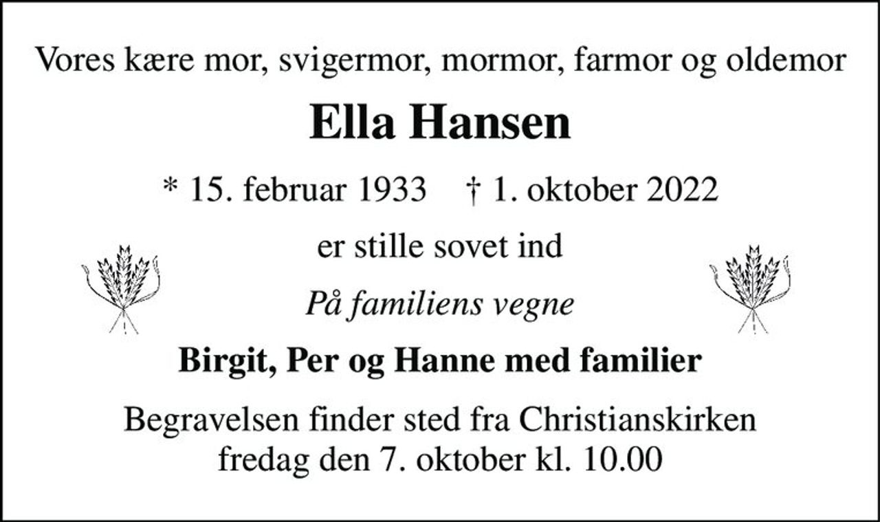 Ella Hansen | Danmarks største medie for mindesider og dødsannoncer