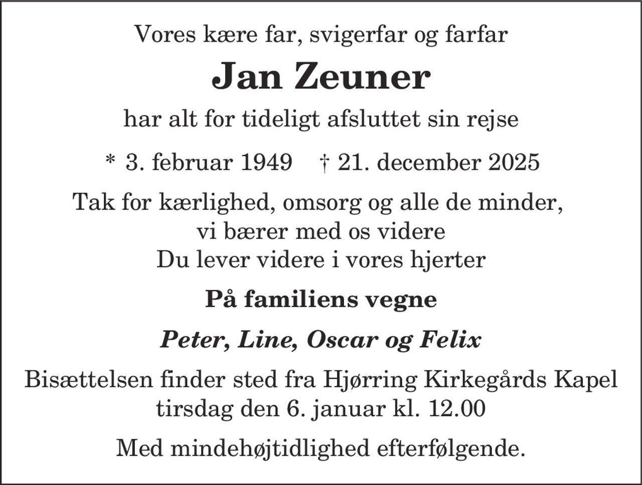 Jan Zeuner | Danmarks største medie for mindesider og dødsannoncer