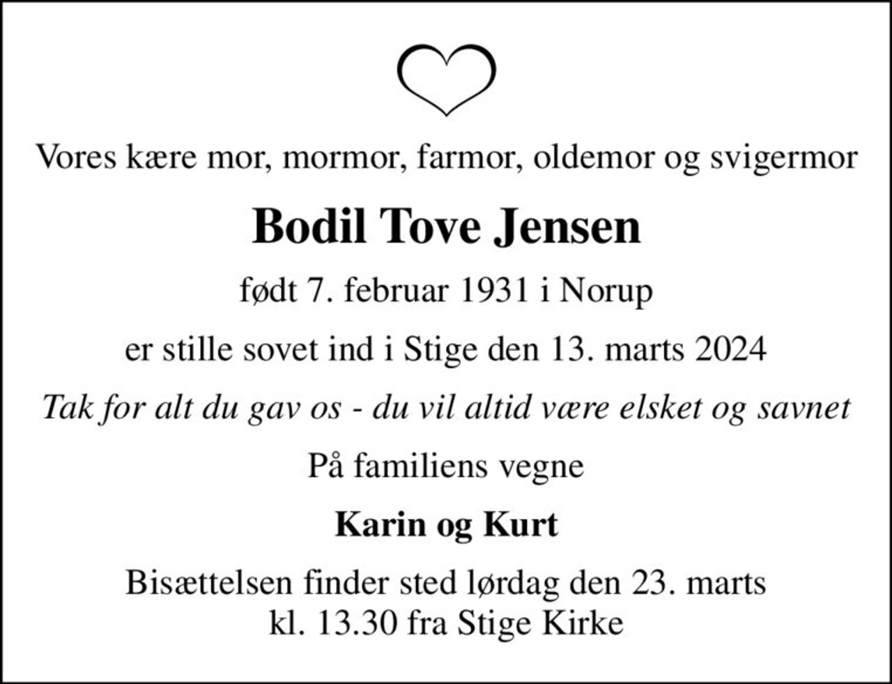 Bodil Tove Jensen Dødsannoncer I Danmark