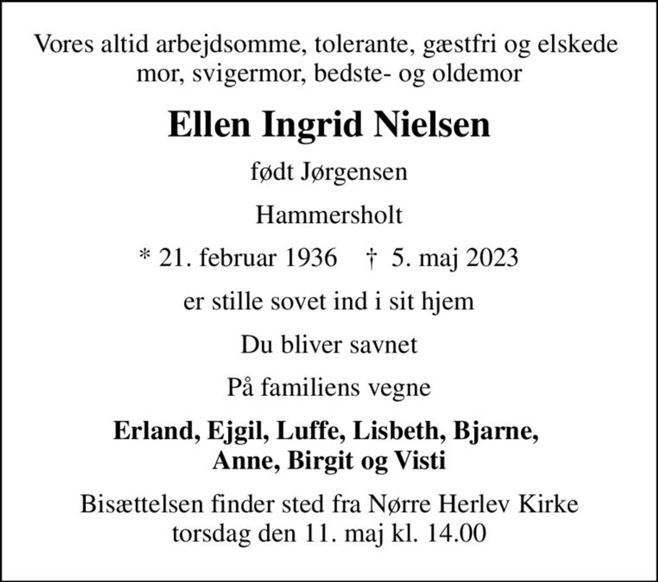 Ellen Ingrid Nielsen | Dødsannoncer i Danmark