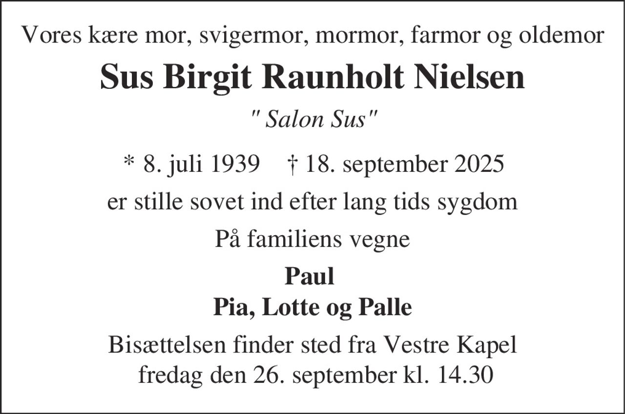 Sus Birgit Raunholt Nielsen | Dødsannoncer i Danmark