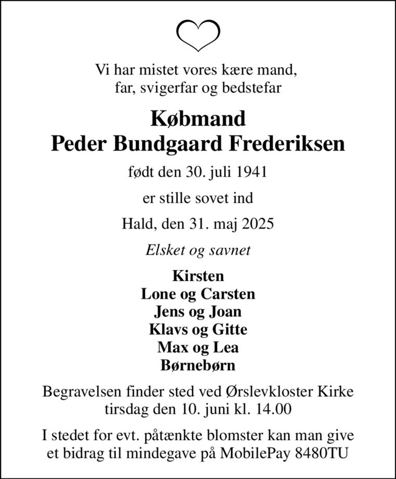 Peder Bundgaard Frederiksen | Dødsannoncer i Danmark