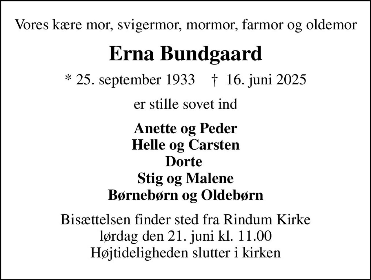 Erna Bundgaard | Danmarks største medie for mindesider og dødsannoncer