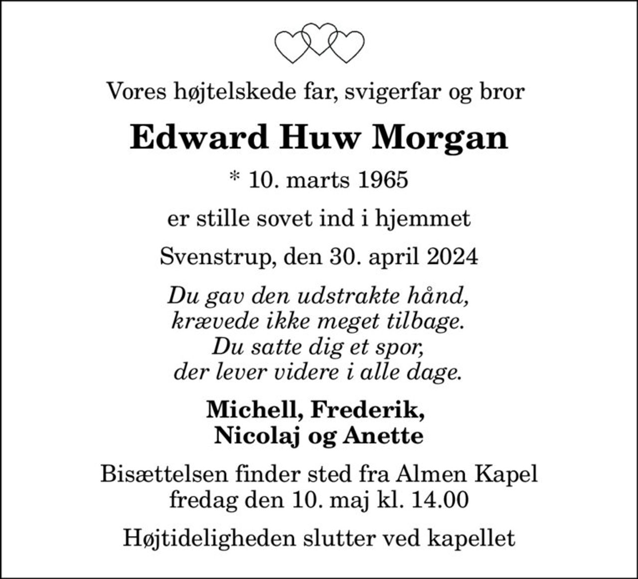 Edward Huw Morgan | Dødsannoncer i Danmark