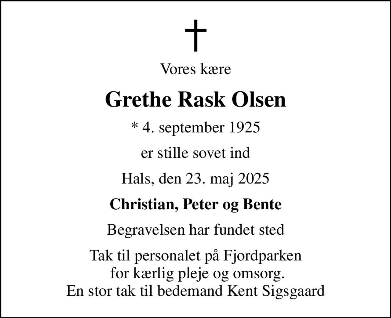Grethe Rask Olsen | Dødsannoncer i Danmark