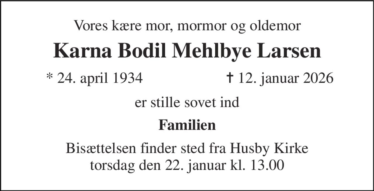 Karna Bodil Mehlbye Larsen | Danmarks største medie for mindesider og ...