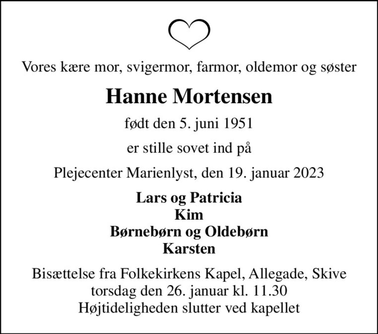 Hanne Mortensen | Dødsannoncer i Danmark