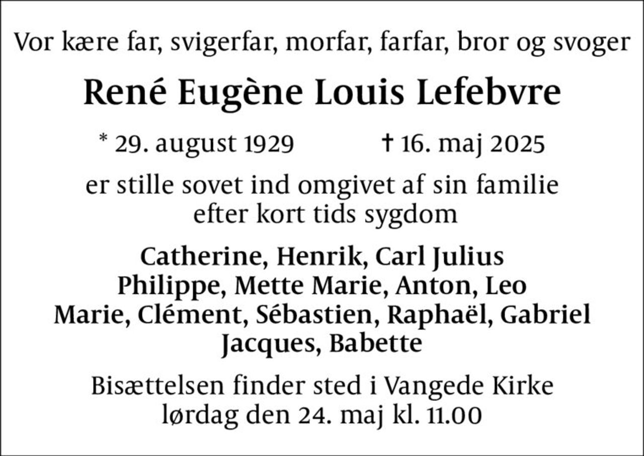René Eugène Louis Lefebvre | Dødsannoncer i Danmark