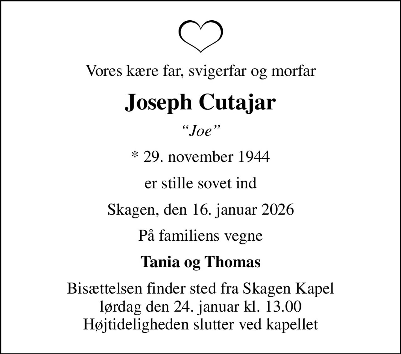 Joseph Cutajar | Danmarks største medie for mindesider og dødsannoncer