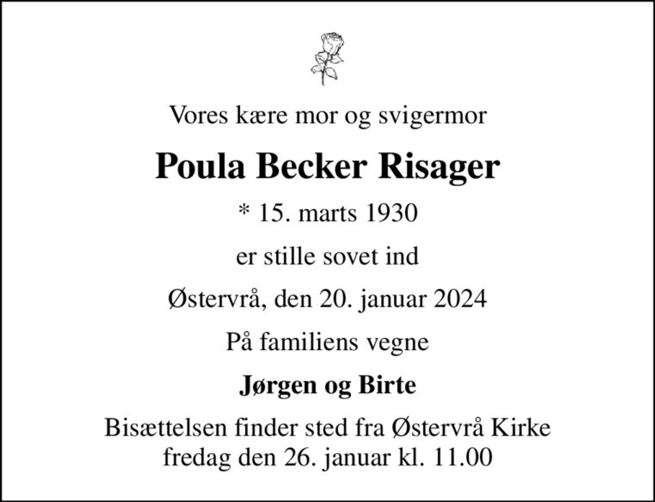 Poula Becker Risager | Dødsannoncer i Danmark