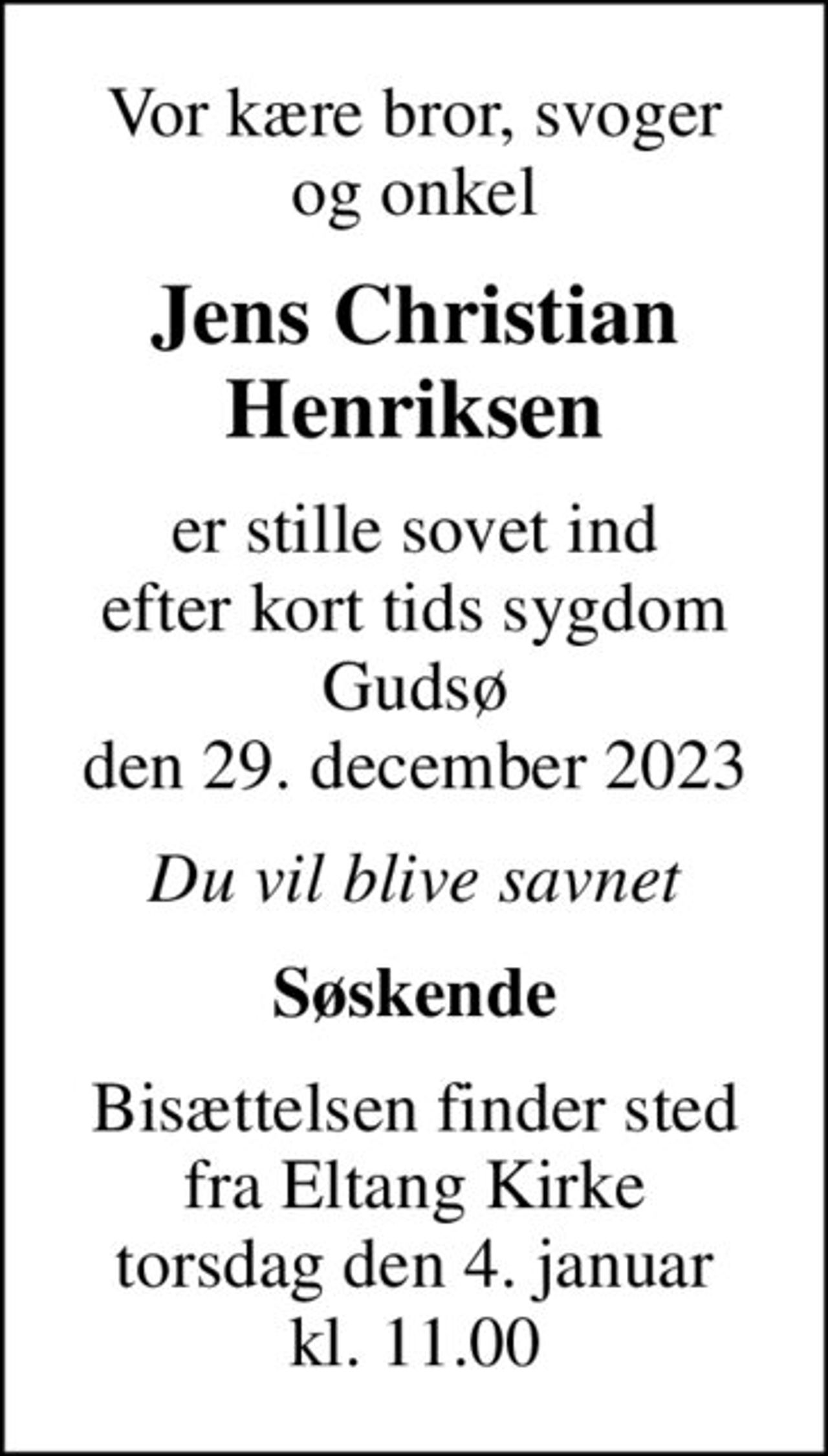 Jens Christian Henriksen | Dødsannoncer i Danmark