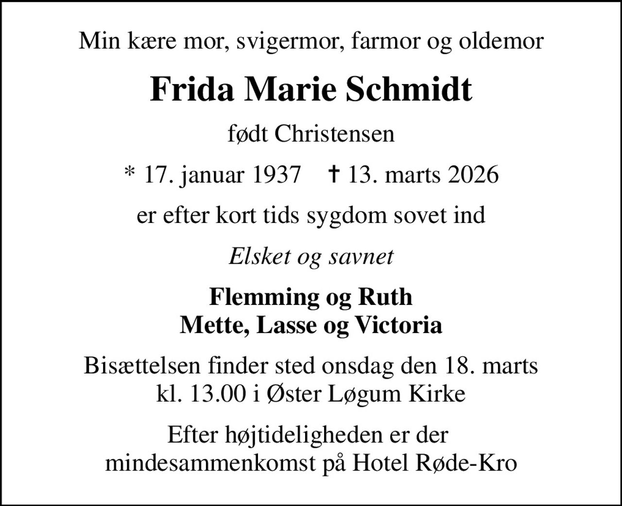 Frida Marie Schmidt | Danmarks største medie for mindesider og dødsannoncer