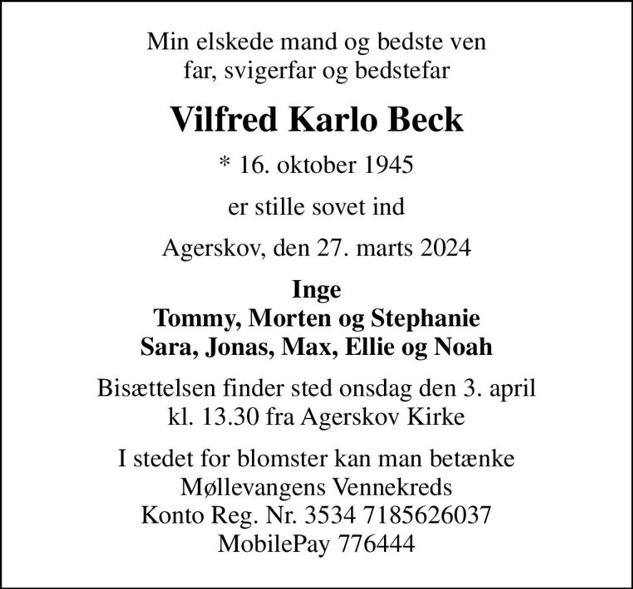 Vilfred Karlo Beck | Danmarks største medie for mindesider og dødsannoncer