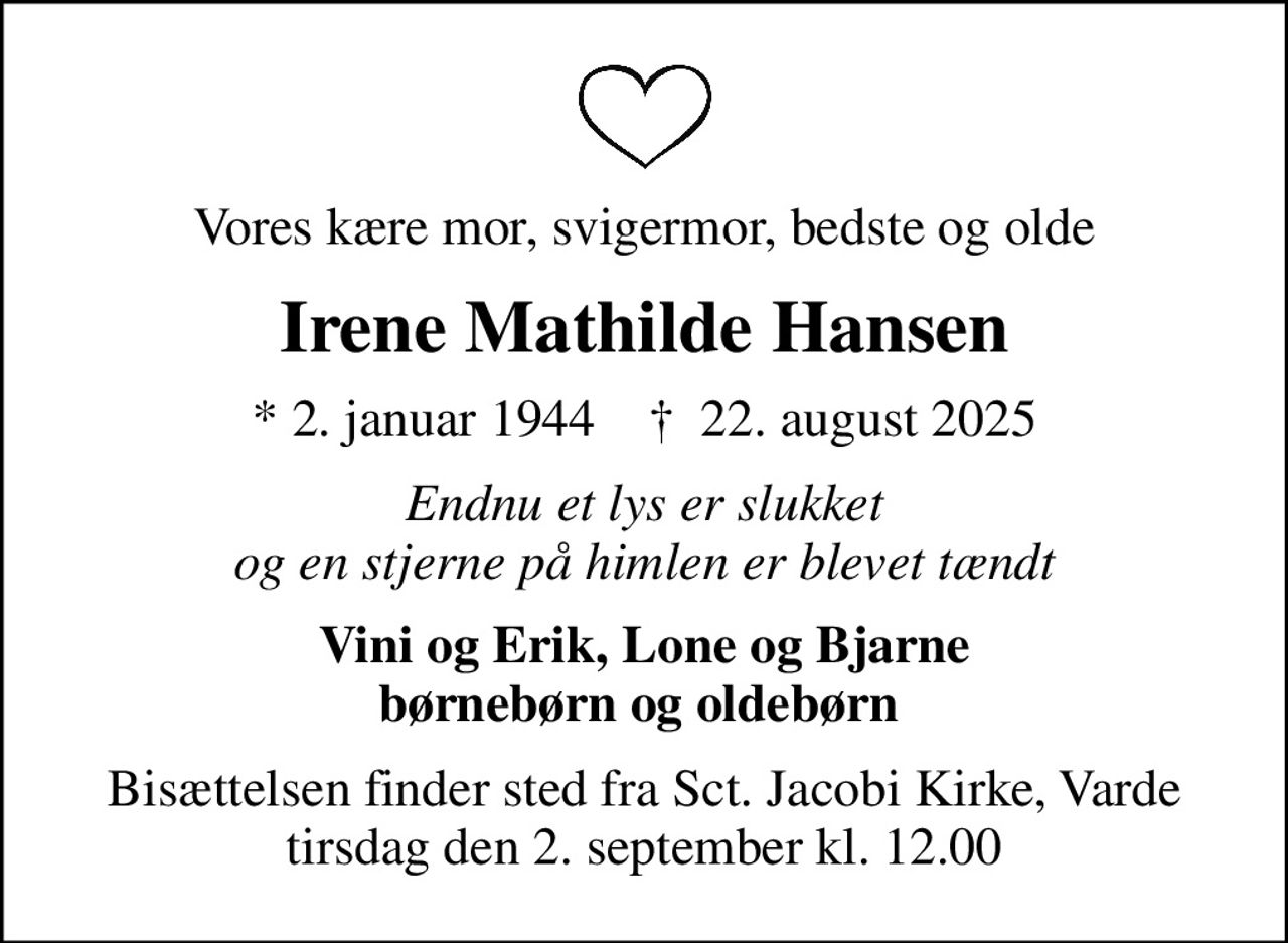 Irene Mathilde Hansen | Dødsannoncer i Danmark