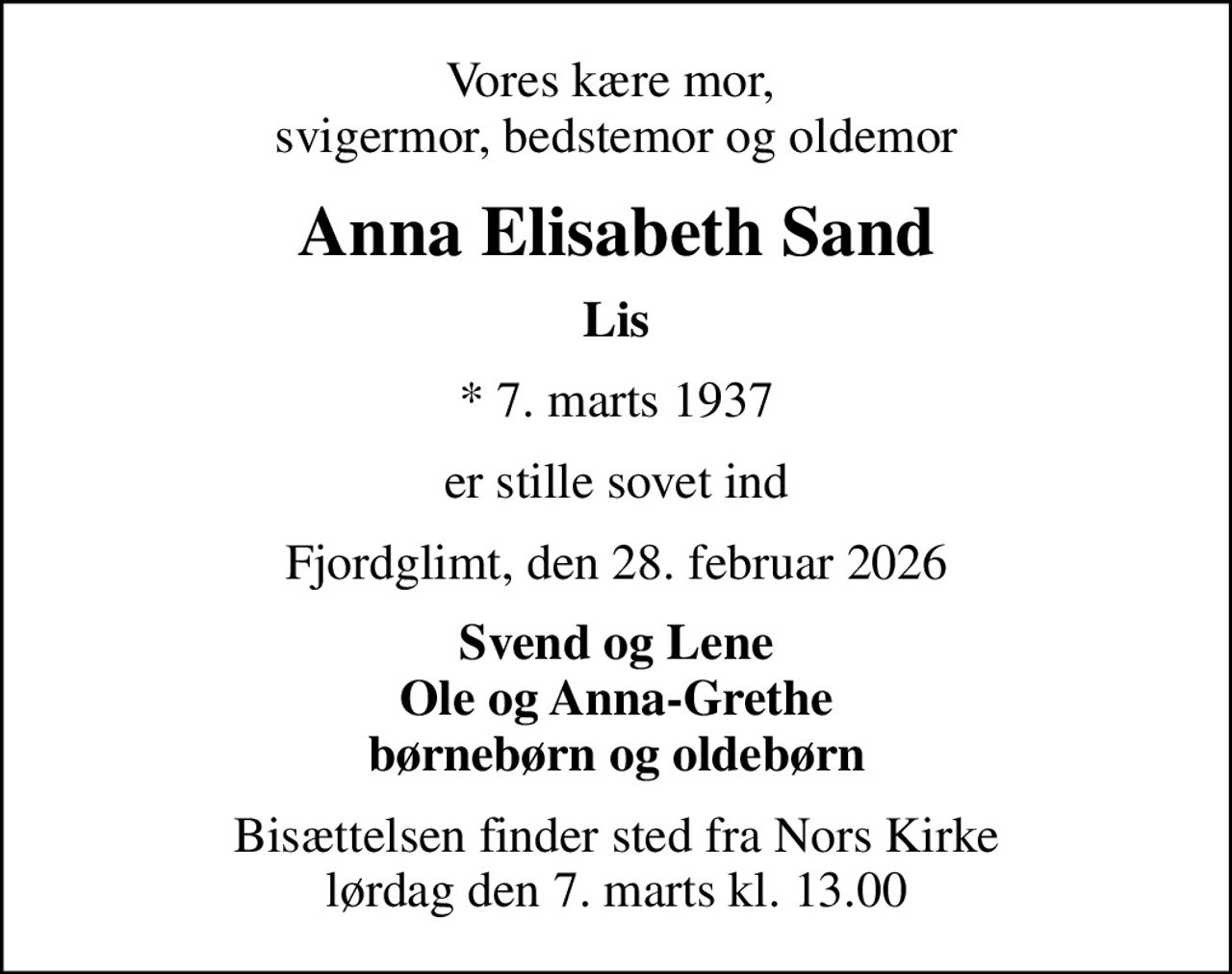 Anna Elisabeth Sand | Danmarks største medie for mindesider og dødsannoncer