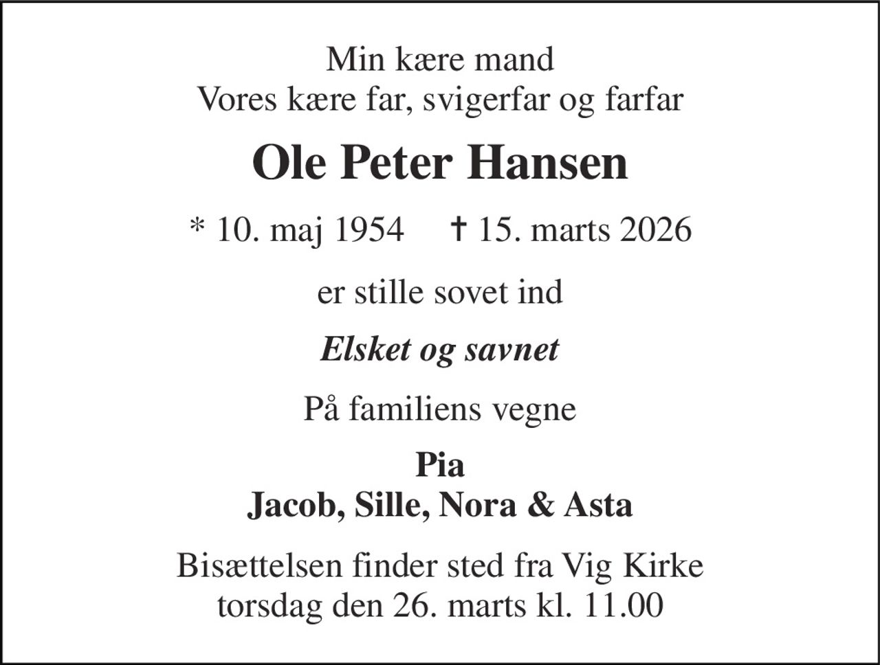 Ole Peter Hansen | Danmarks største medie for mindesider og dødsannoncer
