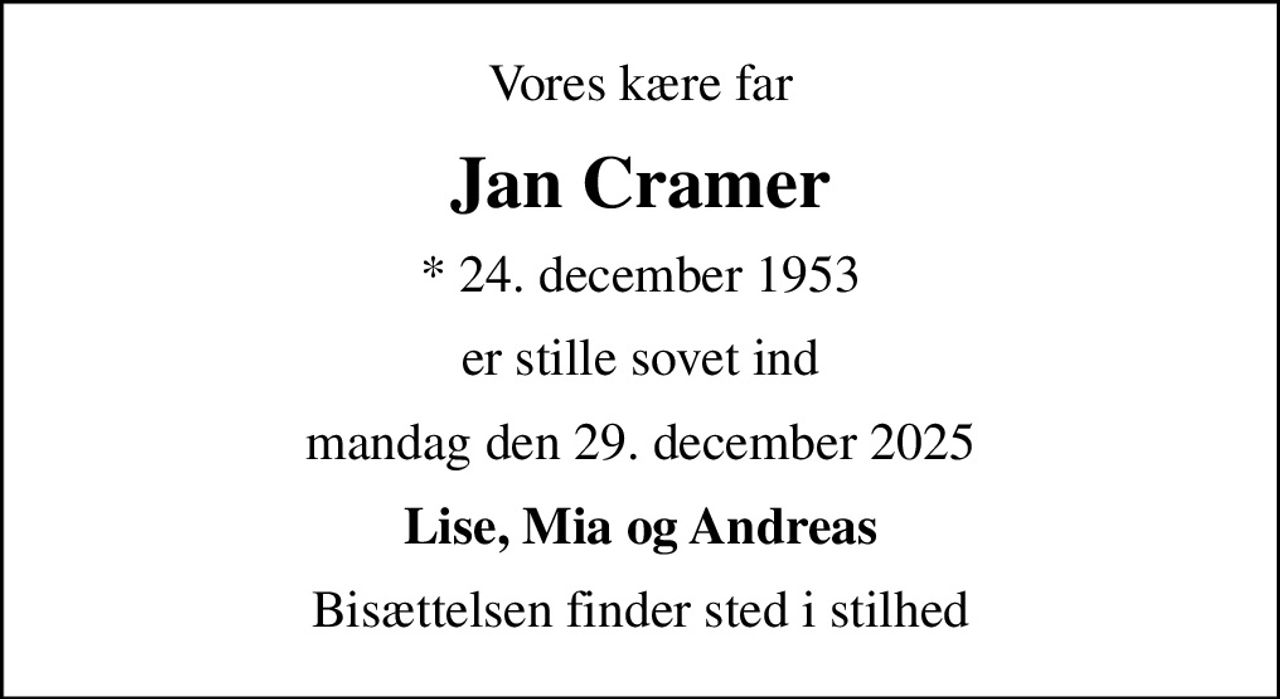 Jan Cramer | Danmarks største medie for mindesider og dødsannoncer