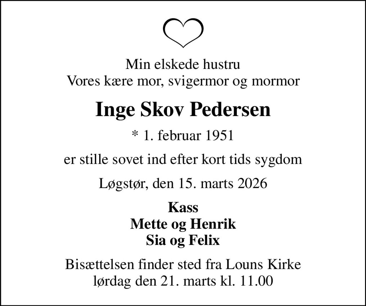 Inge Skov Pedersen | Danmarks største medie for mindesider og dødsannoncer