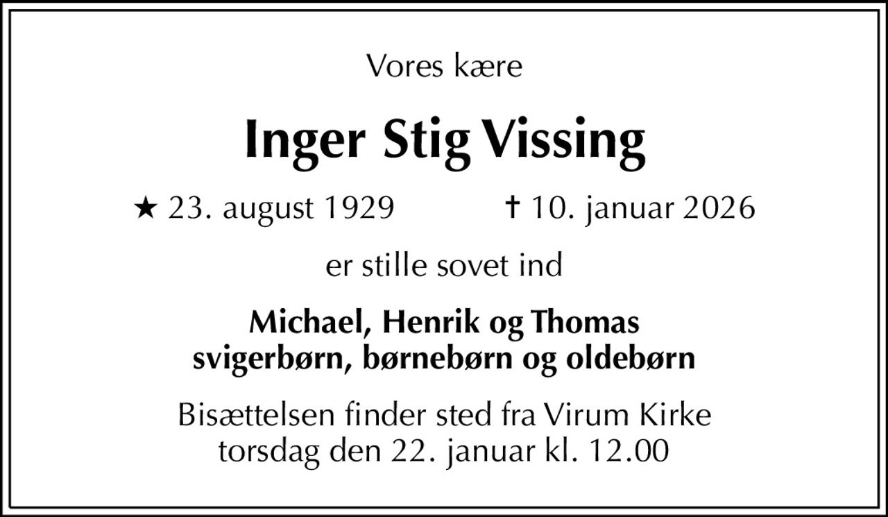 Inger Stig Vissing | Danmarks største medie for mindesider og dødsannoncer