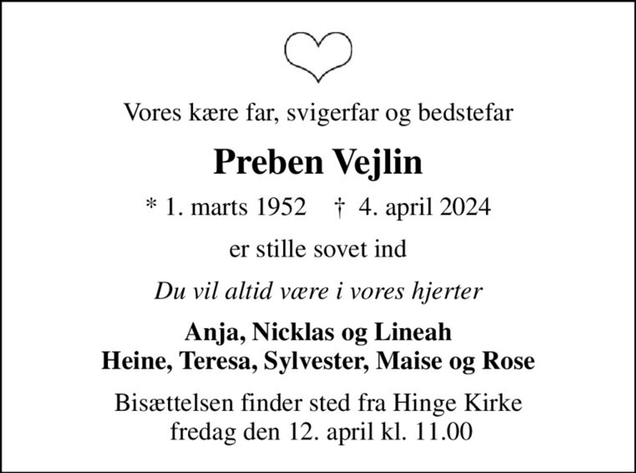 Preben Vejlin | Danmarks største medie for mindesider og dødsannoncer