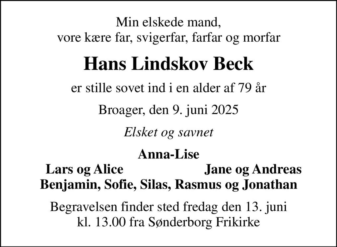 Hans Lindskov Beck | Danmarks største medie for mindesider og dødsannoncer