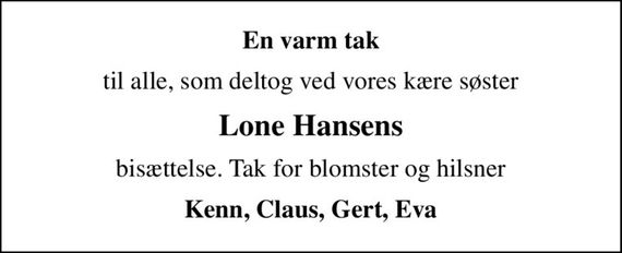 Lone Hansen | Dødsannoncer i Danmark