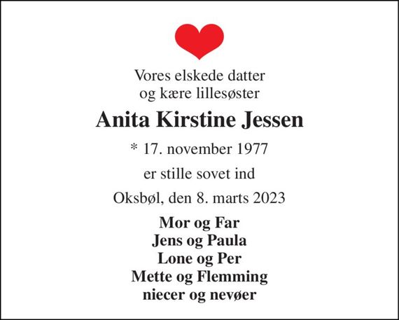 Anita Kirstine Jessen | Dødsannoncer i Danmark