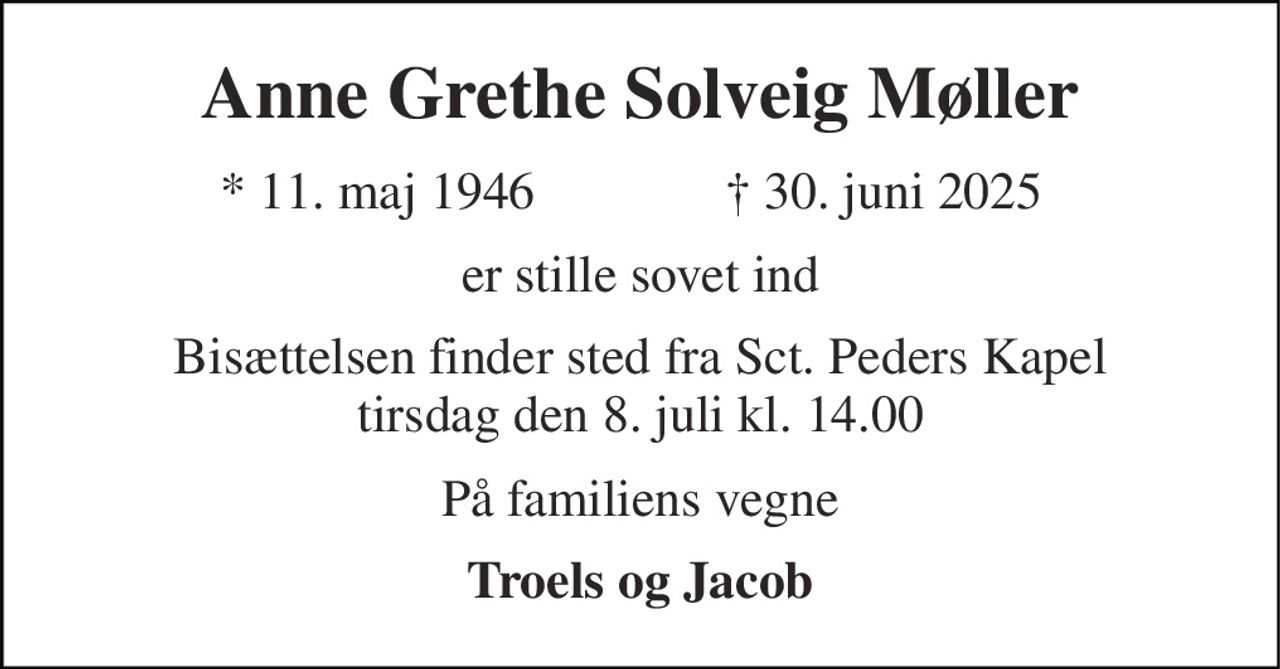 Anne Grethe Solveig Møller | Dødsannoncer i Danmark