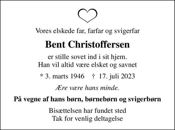 Bent Christoffersen | Dødsannoncer i Danmark