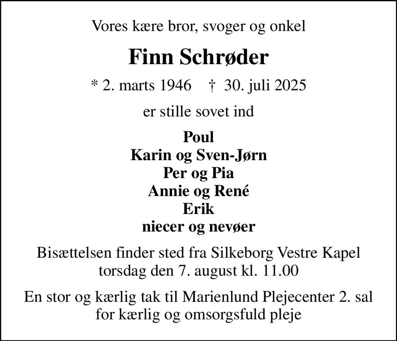 Finn Schrøder | Dødsannoncer i Danmark