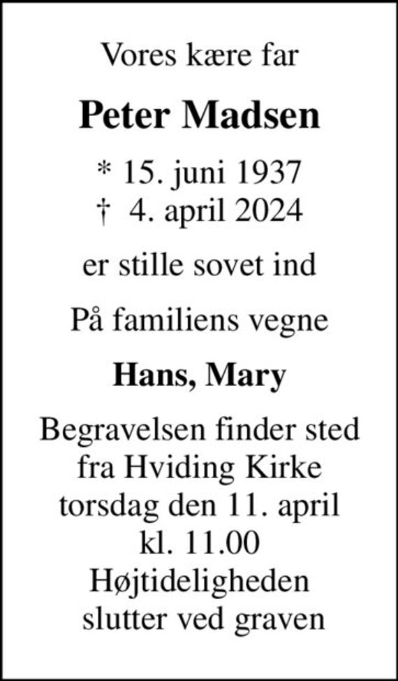 Peter Madsen | Dødsannoncer i Danmark