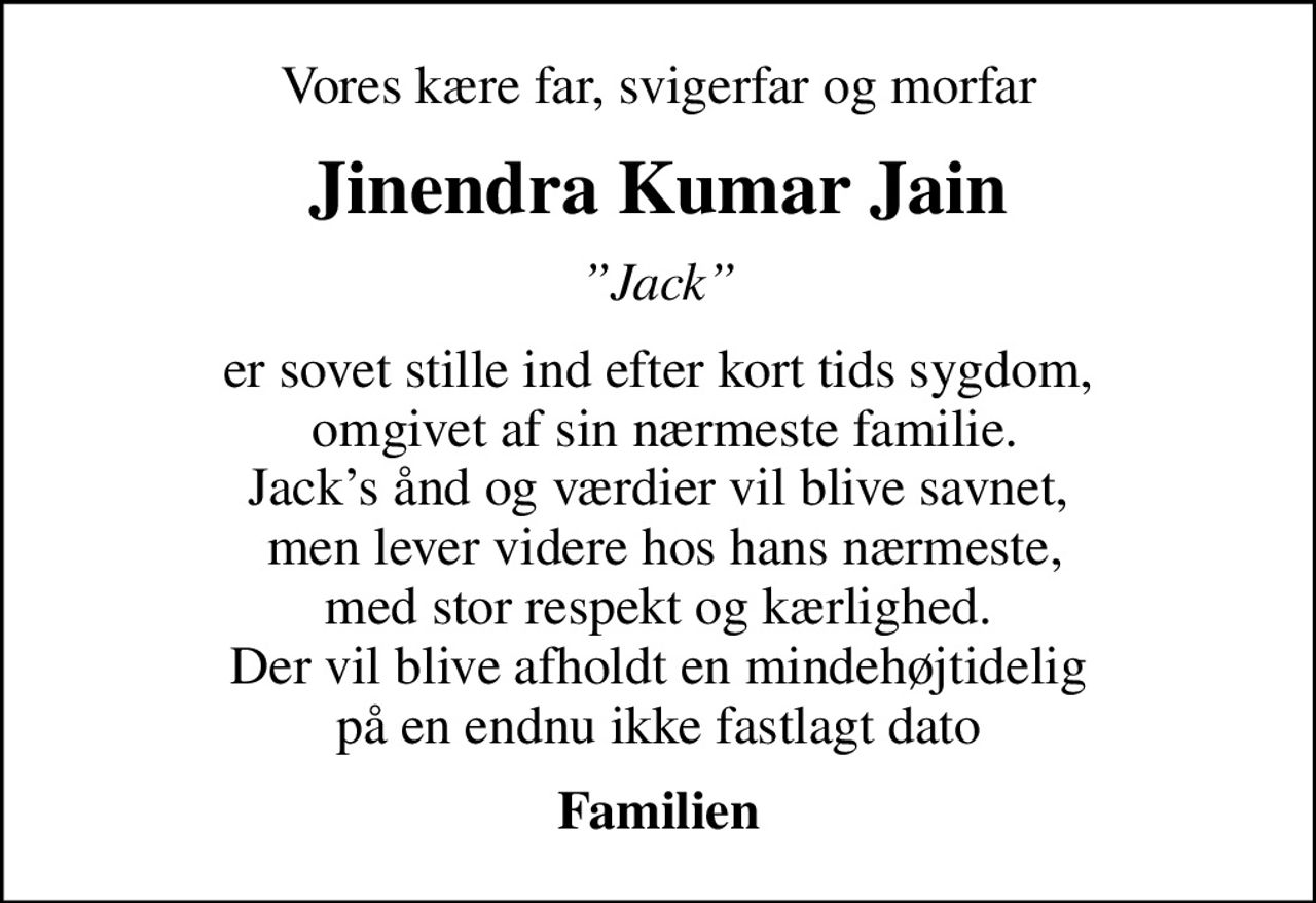 Jinendra Kumar Jain | Danmarks største medie for mindesider og dødsannoncer