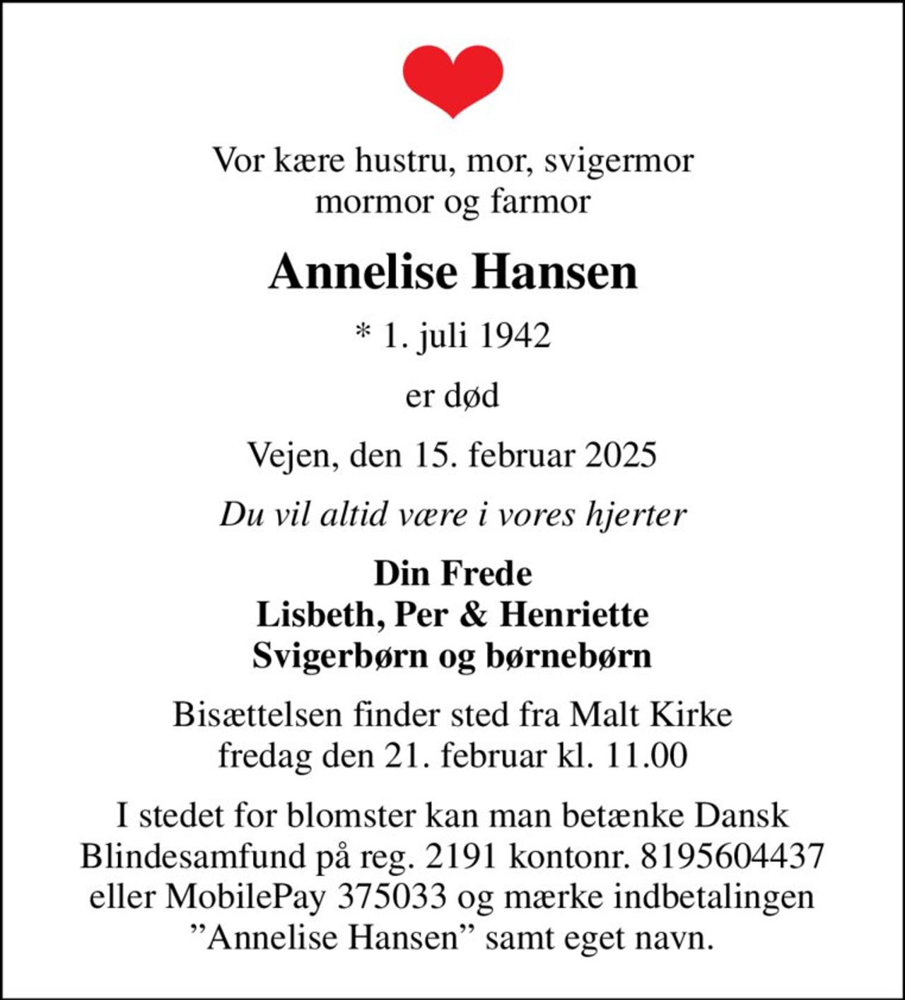 Annelise Hansen | Danmarks største medie for mindesider og dødsannoncer