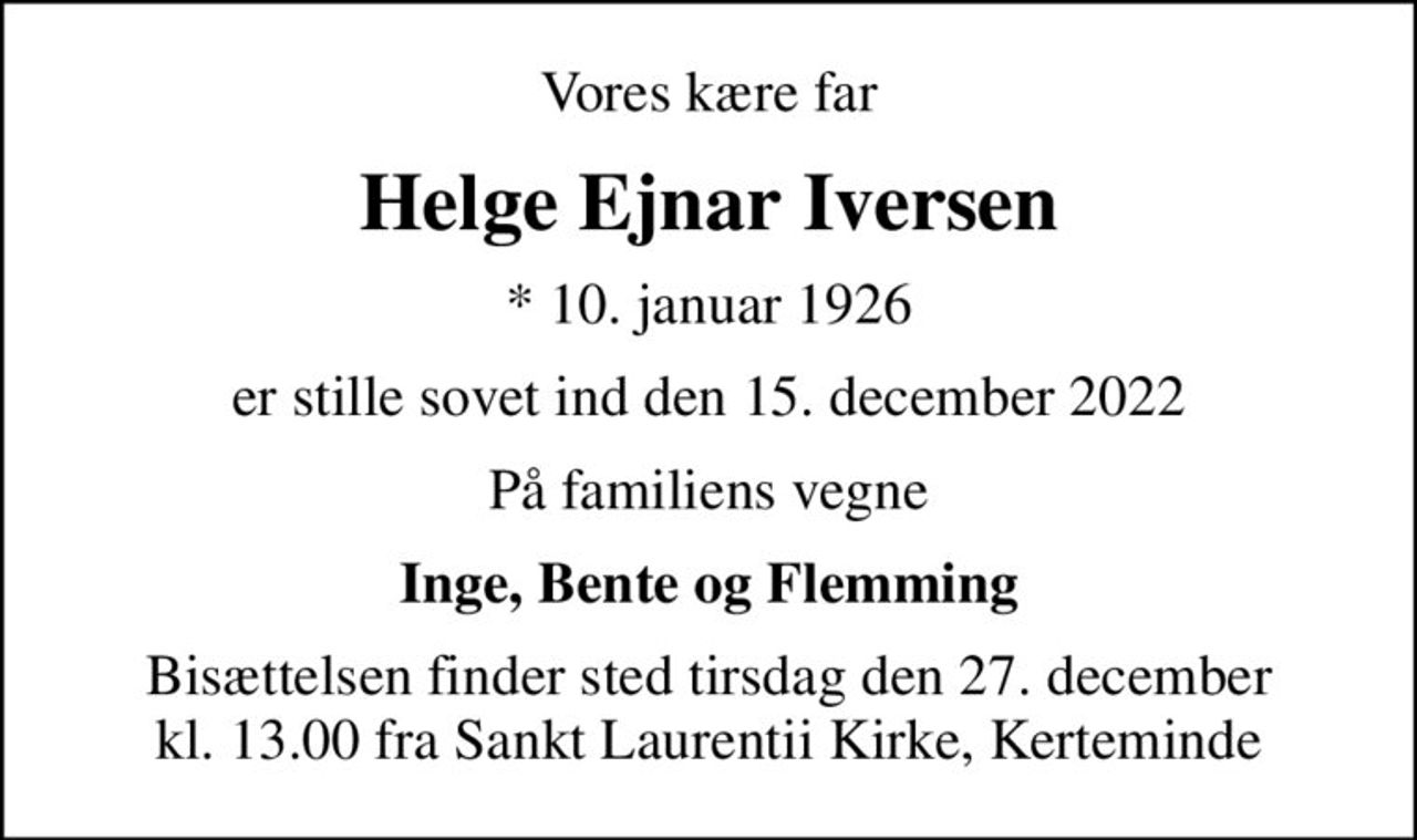 Helge Ejnar Iversen | Dødsannoncer i Danmark