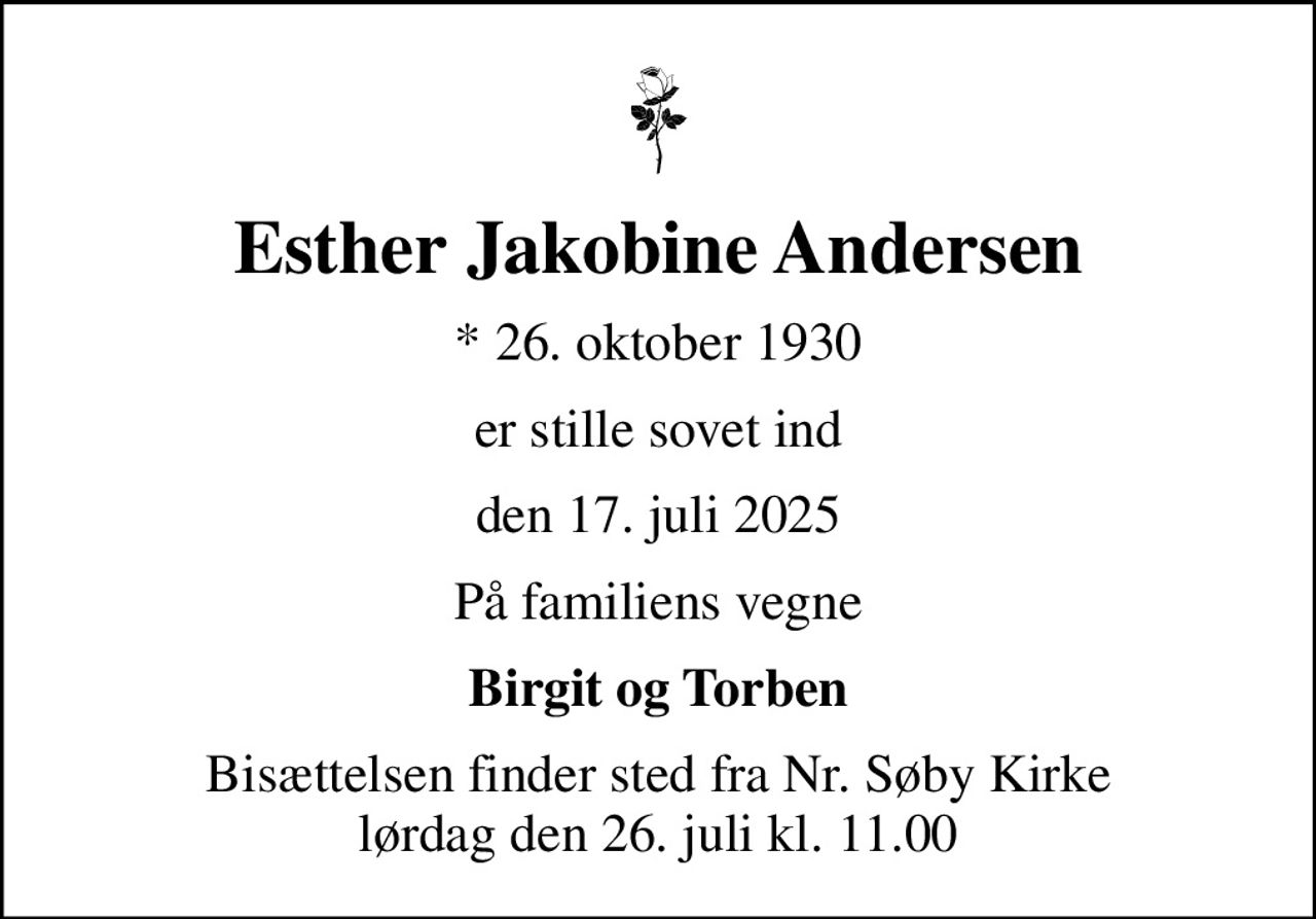 Esther Jakobine Andersen | Dødsannoncer i Danmark