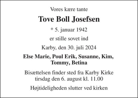 Tove Boll Josefsen | Dødsannoncer i Danmark