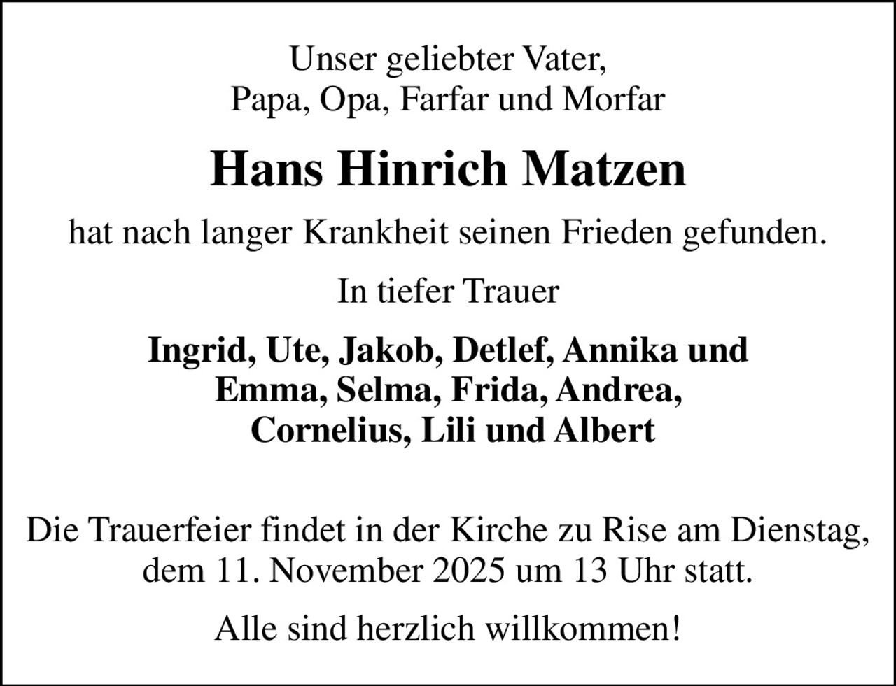 Hans Hinrich Matzen | Danmarks største medie for mindesider og dødsannoncer