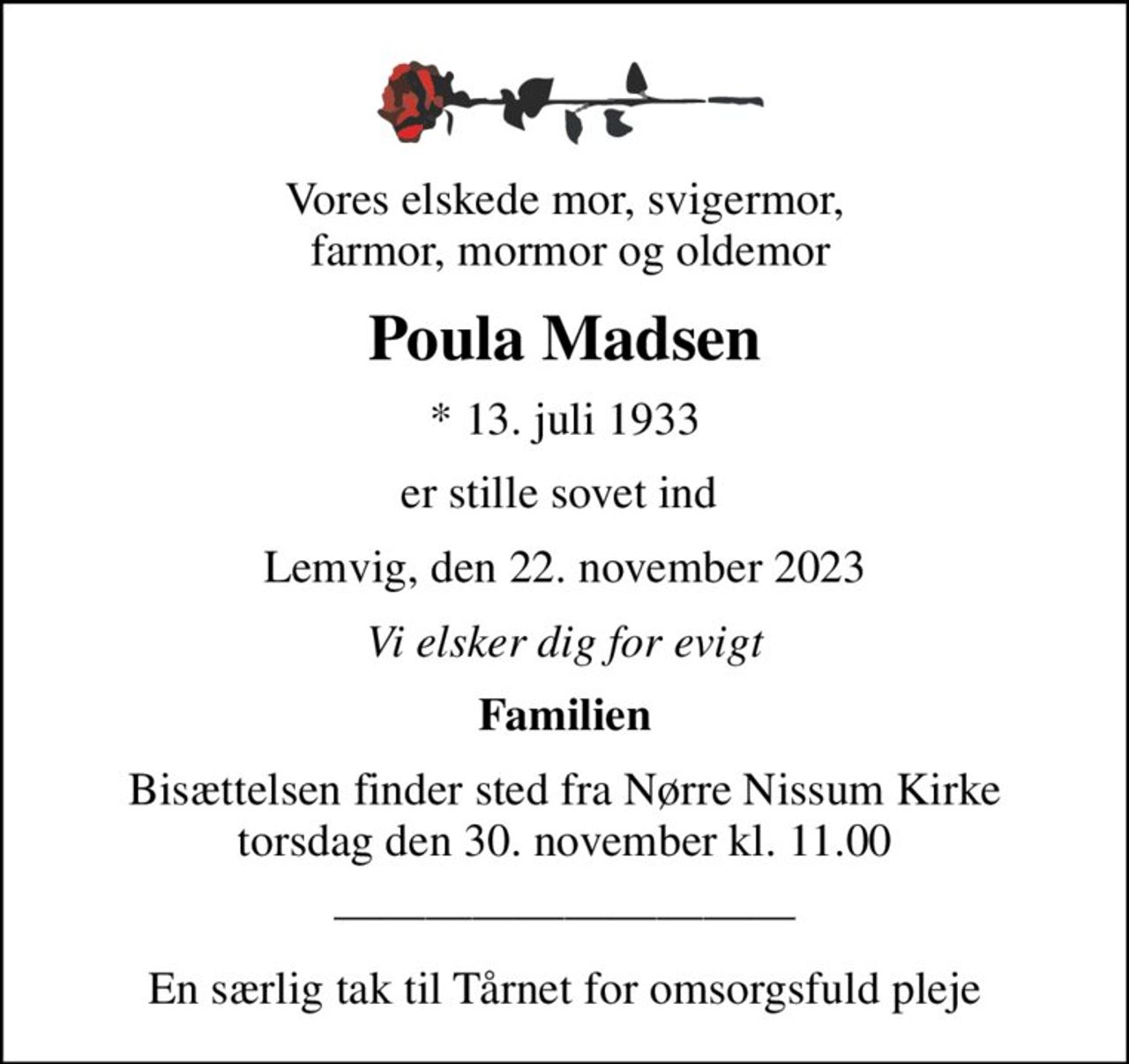 Poula Madsen | Dødsannoncer i Danmark