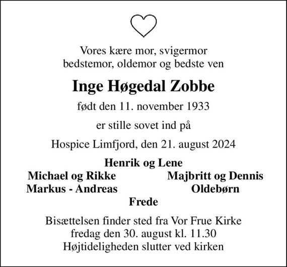 Inge Høgedal Zobbe | Dødsannoncer i Danmark