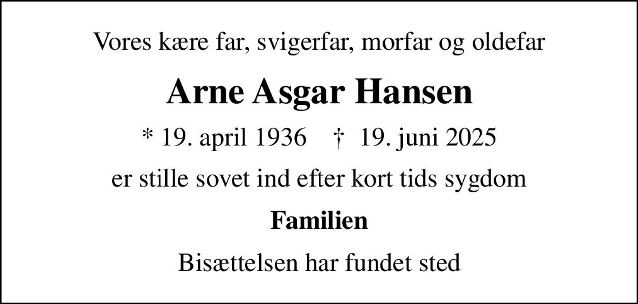 Arne Asgar Hansen | Dødsannoncer i Danmark